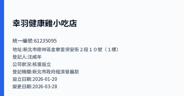 幸羽健康雞小吃店的照片-統編 61235095(新北市) 公司登記資料與營業項目詳細圖表