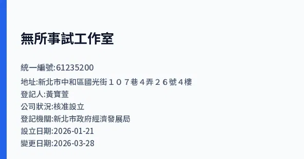 無所事試工作室的照片-統編 61235200(新北市) 公司登記資料與營業項目詳細圖表
