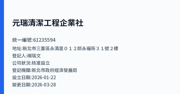 元瑞清潔工程企業社的照片-統編 61235594(新北市) 公司登記資料與營業項目詳細圖表