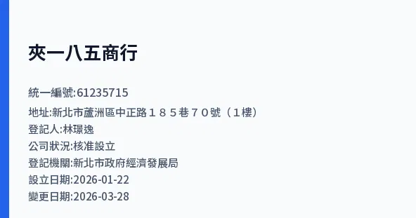夾一八五商行的照片-統編 61235715(新北市) 公司登記資料與營業項目詳細圖表