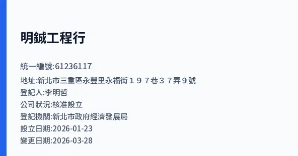 明鋮工程行的照片-統編 61236117(新北市) 公司登記資料與營業項目詳細圖表