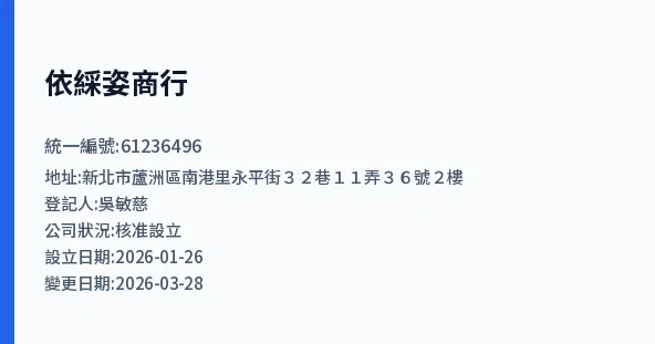 依綵姿商行的照片-統編 61236496(新北市) 公司登記資料與營業項目詳細圖表