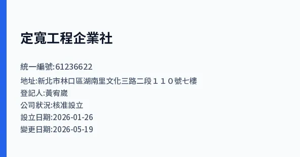 定寬工程企業社的照片-統編 61236622(新北市) 公司登記資料與營業項目詳細圖表