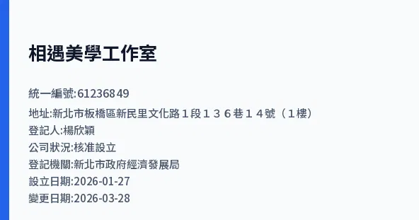 相遇美學工作室的照片-統編 61236849(新北市) 公司登記資料與營業項目詳細圖表