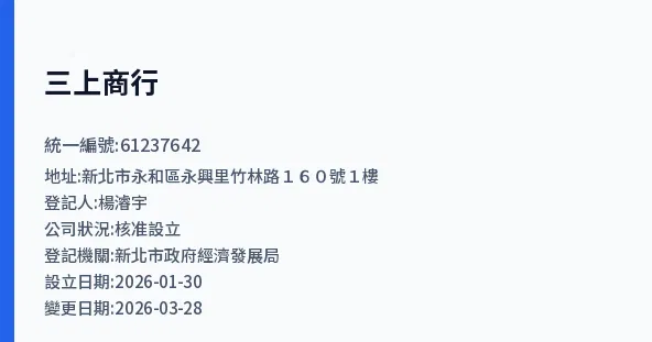 三上商行的照片-統編 61237642(新北市) 公司登記資料與營業項目詳細圖表
