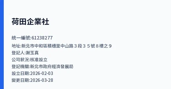 荷田企業社的照片-統編 61238277(新北市) 公司登記資料與營業項目詳細圖表