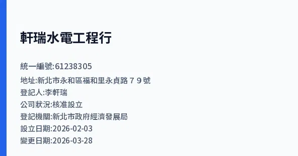 軒瑞水電工程行的照片-統編 61238305(新北市) 公司登記資料與營業項目詳細圖表