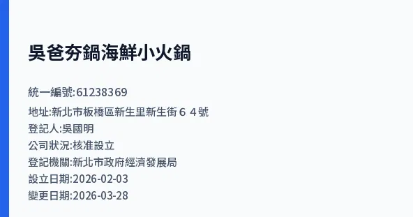 吳爸夯鍋海鮮小火鍋的照片-統編 61238369(新北市) 公司登記資料與營業項目詳細圖表