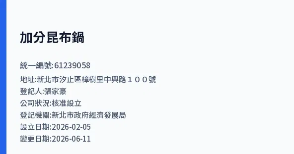 加分昆布鍋的照片-統編 61239058(新北市) 公司登記資料與營業項目詳細圖表