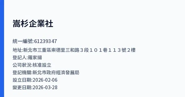 嵩杉企業社的照片-統編 61239347(新北市) 公司登記資料與營業項目詳細圖表
