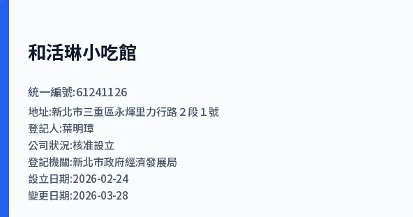 和活琳小吃館的照片-統編 61241126(新北市) 公司登記資料與營業項目詳細圖表