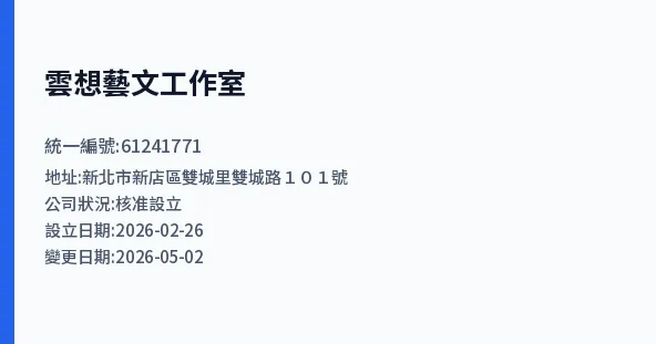 雲想藝文工作室的照片-統編 61241771(新北市) 公司登記資料與營業項目詳細圖表