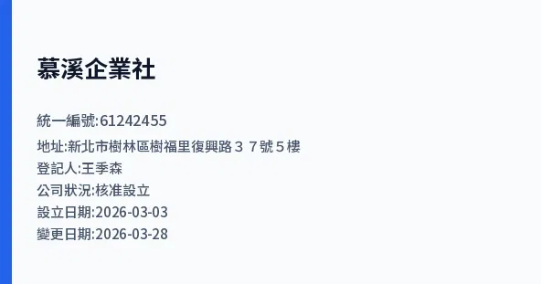 慕溪企業社的照片-統編 61242455(新北市) 公司登記資料與營業項目詳細圖表