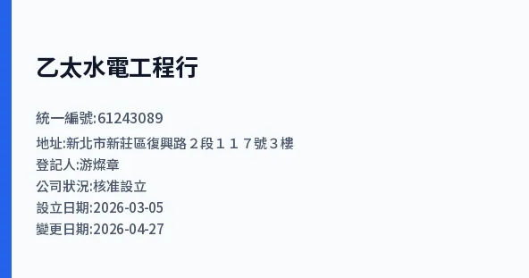 乙太水電工程行的照片-統編 61243089(新北市) 公司登記資料與營業項目詳細圖表