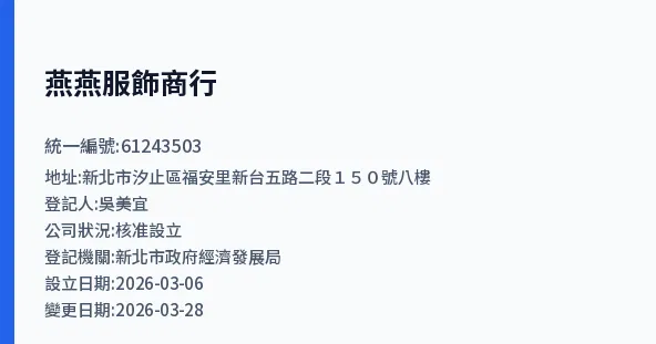燕燕服飾商行的照片-統編 61243503(新北市) 公司登記資料與營業項目詳細圖表