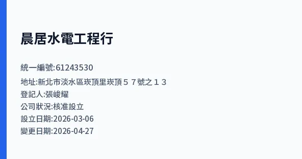 晨居水電工程行的照片-統編 61243530(新北市) 公司登記資料與營業項目詳細圖表