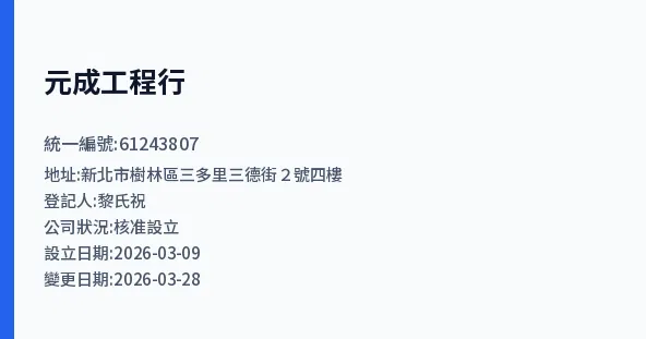元成工程行的照片-統編 61243807(新北市) 公司登記資料與營業項目詳細圖表