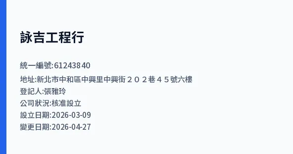 詠吉工程行的照片-統編 61243840(新北市) 公司登記資料與營業項目詳細圖表