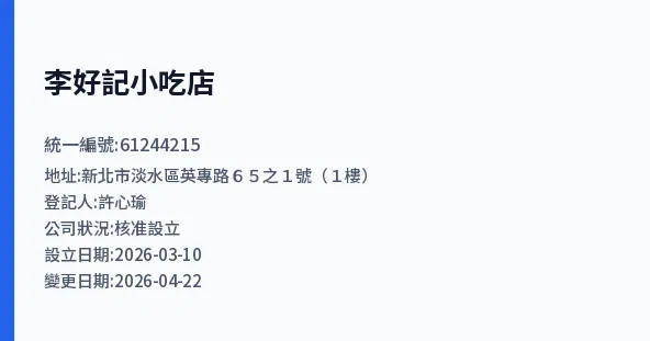 李好記小吃店的照片-統編 61244215(新北市) 公司登記資料與營業項目詳細圖表