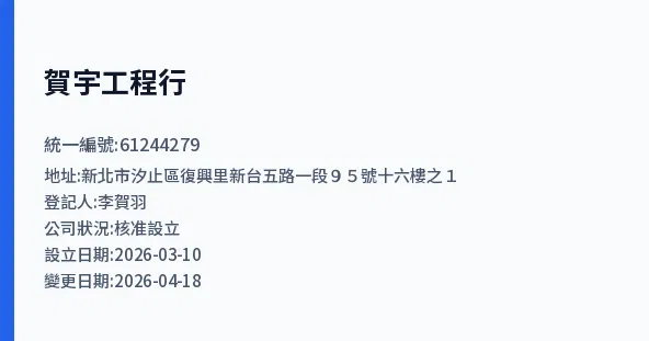 賀宇工程行的照片-統編 61244279(新北市) 公司登記資料與營業項目詳細圖表