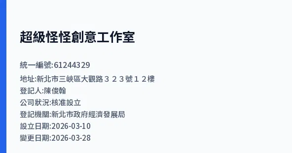 超級怪怪創意工作室的照片-統編 61244329(新北市) 公司登記資料與營業項目詳細圖表