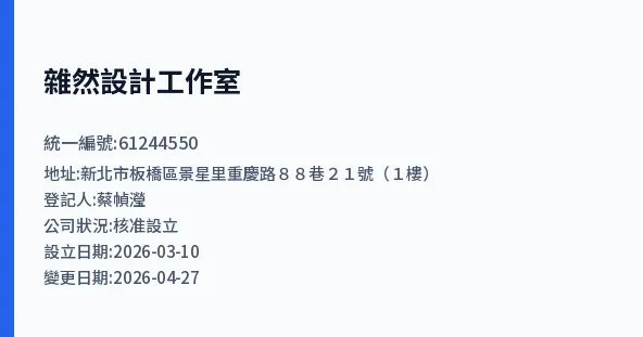 雜然設計工作室的照片-統編 61244550(新北市) 公司登記資料與營業項目詳細圖表