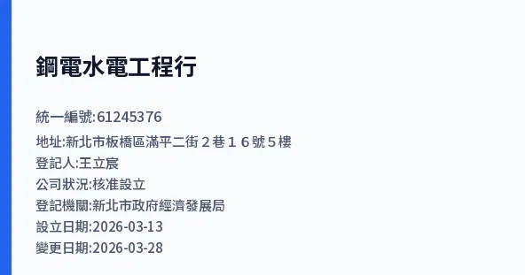 鋼電水電工程行的照片-統編 61245376(新北市) 公司登記資料與營業項目詳細圖表
