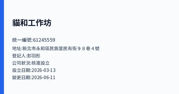 貓和工作坊的照片-統編 61245559(新北市) 公司登記資料與營業項目詳細圖表