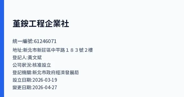 堇銨工程企業社的照片-統編 61246071(新北市) 公司登記資料與營業項目詳細圖表