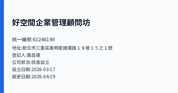 好空間企業管理顧問坊的照片-統編 61246190(新北市) 公司登記資料與營業項目詳細圖表