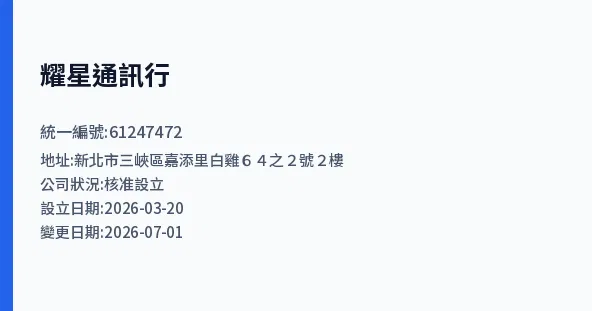 耀星通訊行的照片-統編 61247472 公司登記資料與營業項目詳細圖表