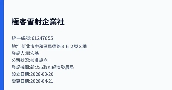 極客雷射企業社的照片-統編 61247655(新北市) 公司登記資料與營業項目詳細圖表