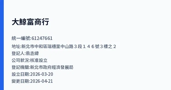 大鯨富商行的照片-統編 61247661(新北市) 公司登記資料與營業項目詳細圖表