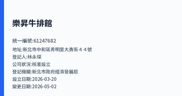 樂昇牛排館的照片-統編 61247682(新北市) 公司登記資料與營業項目詳細圖表