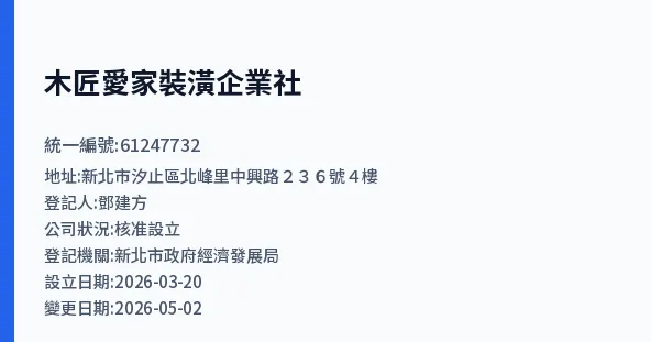 木匠愛家裝潢企業社的照片-統編 61247732(新北市) 公司登記資料與營業項目詳細圖表