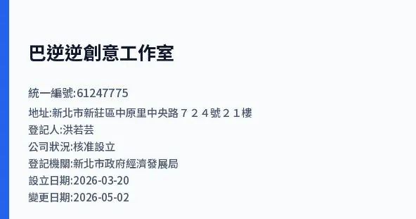 巴逆逆創意工作室的照片-統編 61247775(新北市) 公司登記資料與營業項目詳細圖表