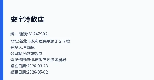 安宇冷飲店的照片-統編 61247992(新北市) 公司登記資料與營業項目詳細圖表