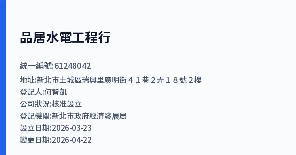 品居水電工程行的照片-統編 61248042(新北市) 公司登記資料與營業項目詳細圖表
