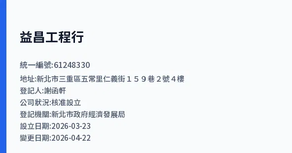 益昌工程行的照片-統編 61248330(新北市) 公司登記資料與營業項目詳細圖表