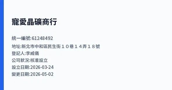 寵愛晶礦商行的照片-統編 61248492(新北市) 公司登記資料與營業項目詳細圖表