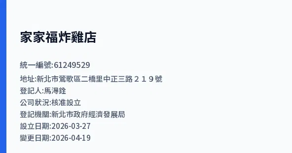 家家福炸雞店的照片-統編 61249529(新北市) 公司登記資料與營業項目詳細圖表