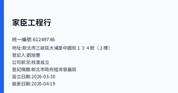 家臣工程行的照片-統編 61249746(新北市) 公司登記資料與營業項目詳細圖表