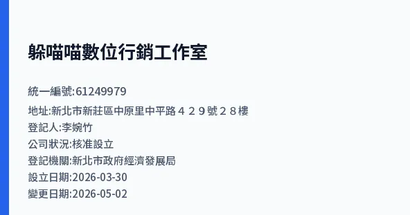 躲喵喵數位行銷工作室的照片-統編 61249979(新北市) 公司登記資料與營業項目詳細圖表