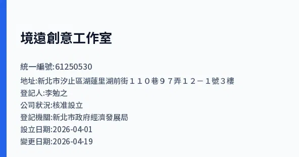 境遠創意工作室的照片-統編 61250530(新北市) 公司登記資料與營業項目詳細圖表