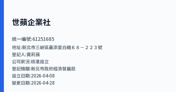世蘋企業社的照片-統編 61251685(新北市) 公司登記資料與營業項目詳細圖表