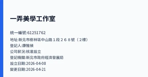一弄美學工作室的照片-統編 61251762(新北市) 公司登記資料與營業項目詳細圖表