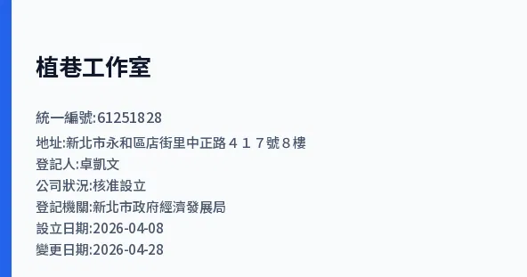 植巷工作室的照片-統編 61251828(新北市) 公司登記資料與營業項目詳細圖表