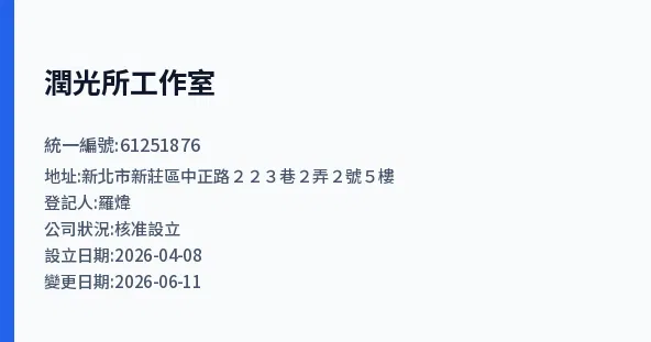 潤光所工作室的照片-統編 61251876(新北市) 公司登記資料與營業項目詳細圖表