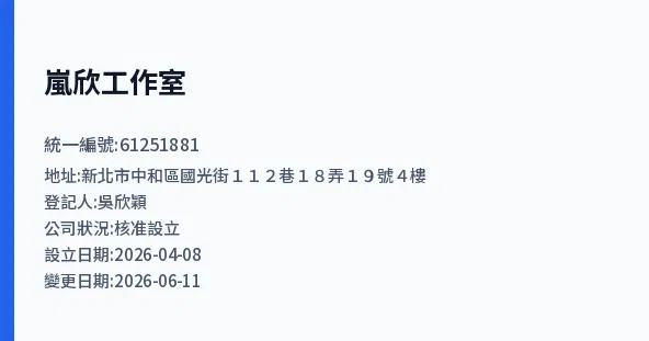 嵐欣工作室的照片-統編 61251881(新北市) 公司登記資料與營業項目詳細圖表