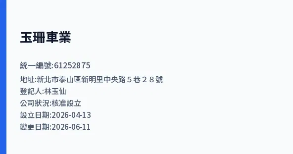 玉珊車業的照片-統編 61252875(新北市) 公司登記資料與營業項目詳細圖表